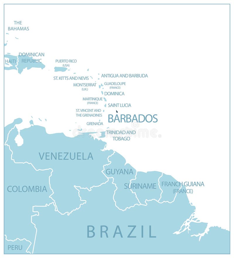 Barbados - Blue Map with Neighboring Countries and Names Stock ...