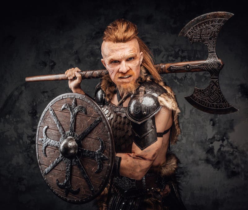 Barbaric Viking with Shield and Axe on His Shoulder Stock Photo - Image ...