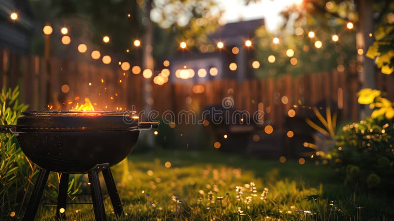 Barbecue in Backyard Garden Summer Evening Lights, BBQ Blurred ...