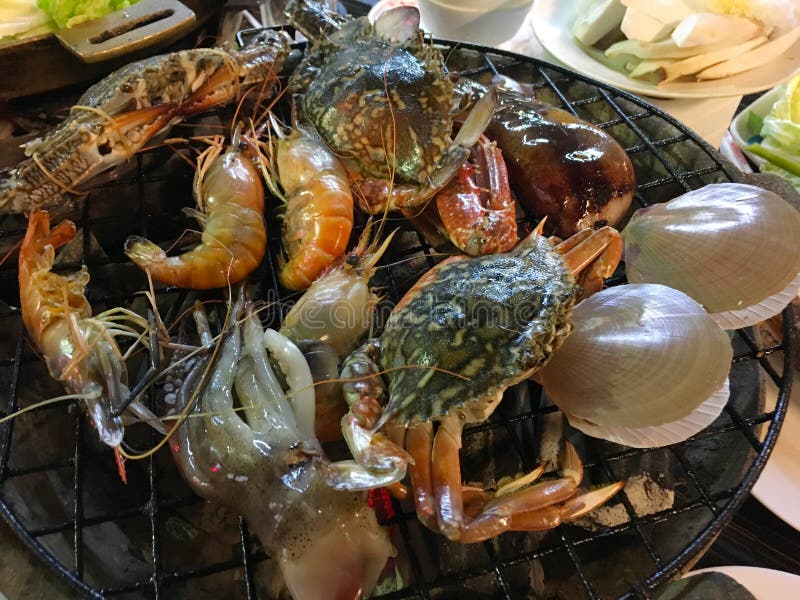 Barbecue Buffet in Thai Restaurant Stock Photo - Image of shell, prawn ...