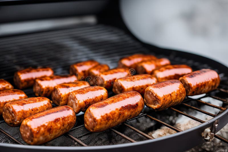 Barbecue with Burning Sausages on the Grill Stock Photo - Image of ...