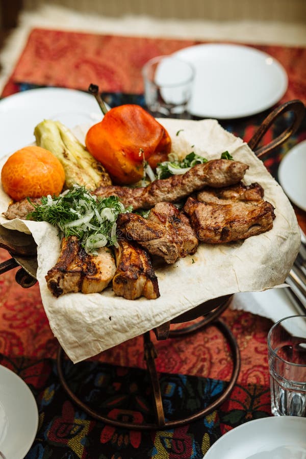 Barbecue, Cooked Different Meat with Grilled Vegetables Stock Image ...