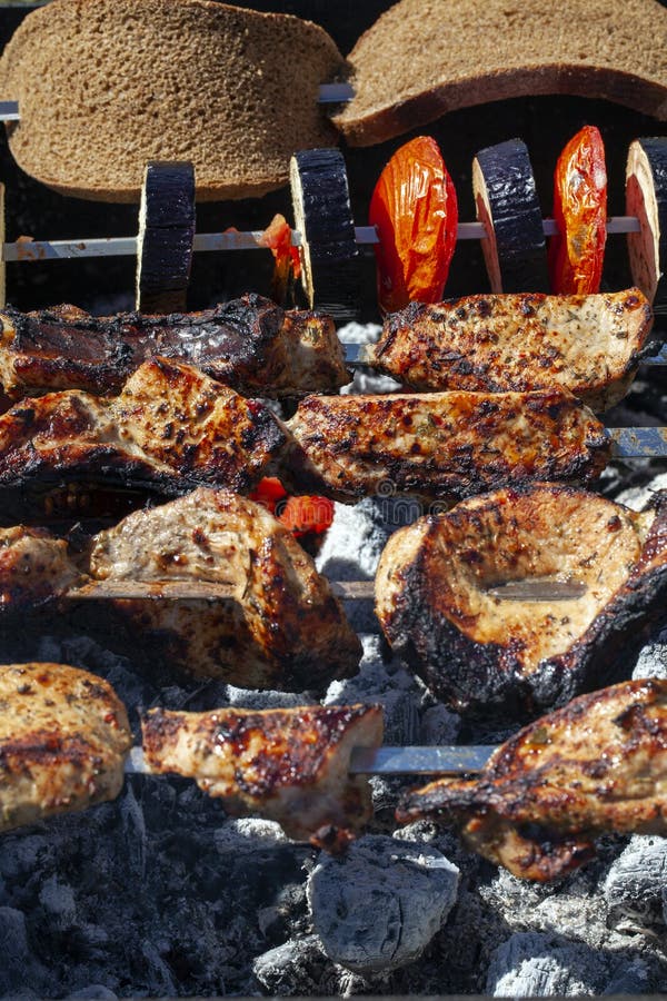 Barbecue with Cooking Meat on the Fire Stock Photo - Image of beef ...