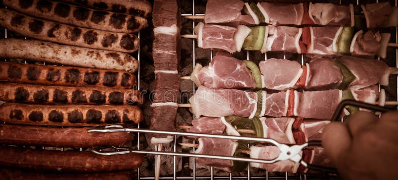 Barbecue with Delicious Grilled Meat on Grill. Stock Image - Image of ...