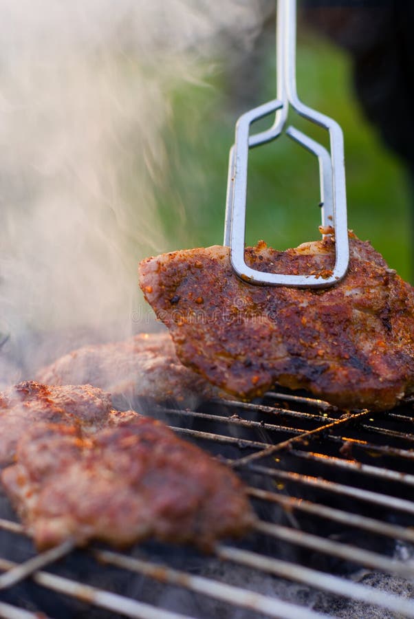 Tongs with grilled meat stock image. Image of grill, white - 5589049