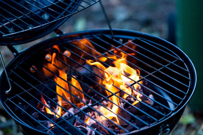 Barbecue Fire with Round Grill. Food Preparing Concept with Bbq Fire on ...
