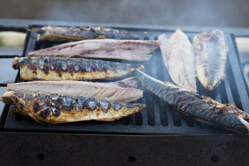 Barbecue with Fish, Mackerel Fish on Fire Grill Stock Image - Image of ...