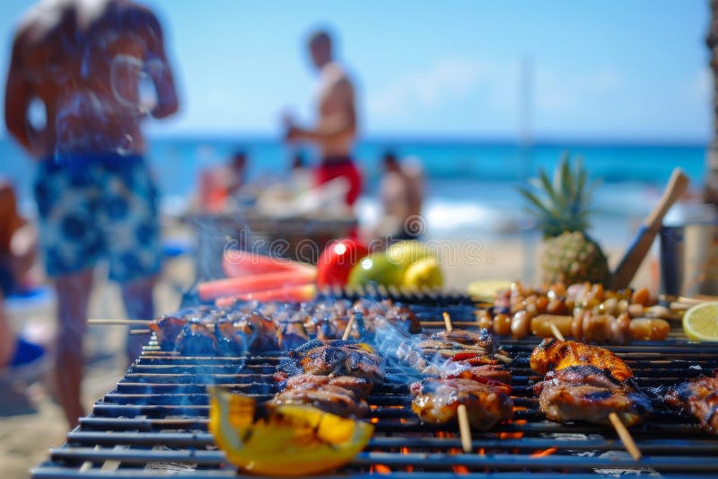 A Barbecue Grill on the Beach with People in Blue and White, Blurred ...