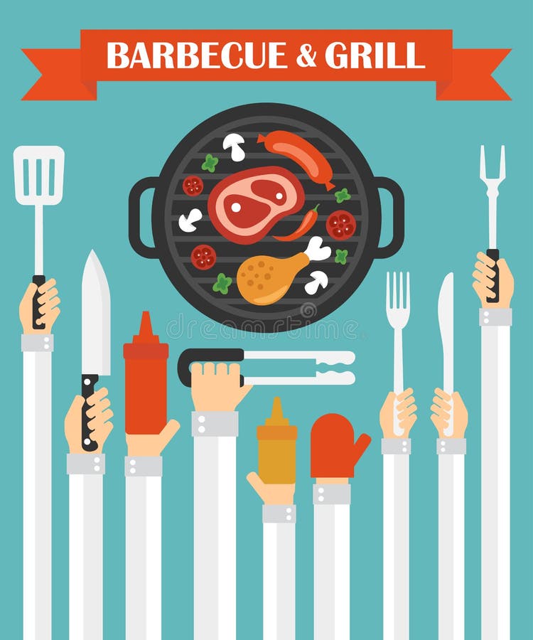 Barbecue and Grill Concept Design Flat ,with Hands Stock Vector ...