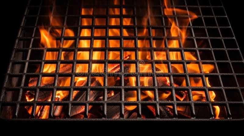Barbecue Grill with Fire Flames - Empty Fire Grid on Black Background ...