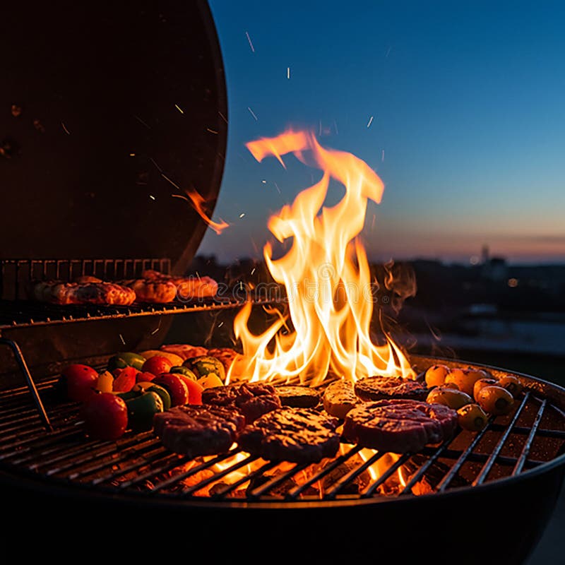Barbecue Grill with Fire Flames - Empty Fire Grid on Black Background ...