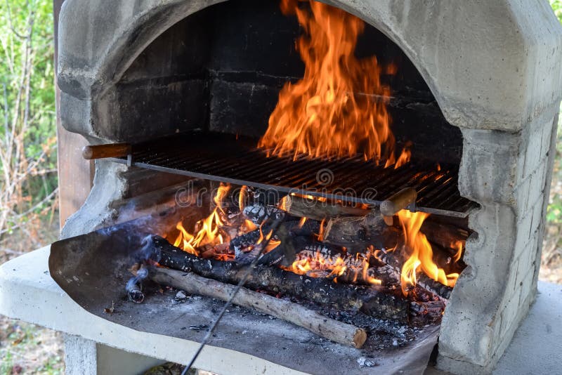 Barbecue Grill with Fire Flames Stock Image - Image of roast, picnic ...