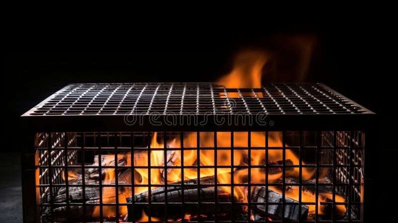 Barbecue Grill with Fire Flames - Empty Fire Grid on Black Background ...