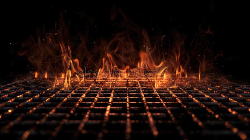 Barbecue Grill with Fire Flames - Empty Fire Grid on a Black Background ...