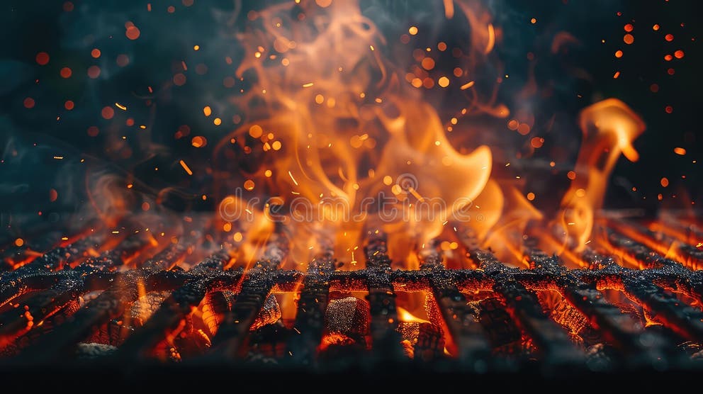 Barbecue Grill with Fire Flames - Empty Fire Grid on a Black Background ...