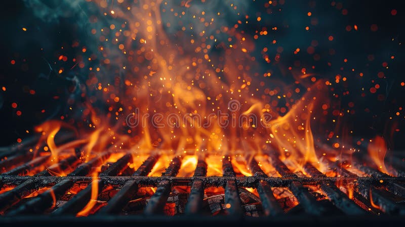 Barbecue Grill with Fire Flames - Empty Fire Grid on a Black Background ...
