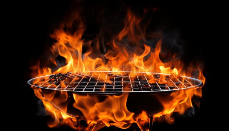 Barbecue Grill with Fire Flames - Empty Fire Grid on Black Background ...