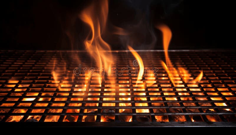 Barbecue Grill with Fire Flames - Empty Fire Grid on Black Background ...