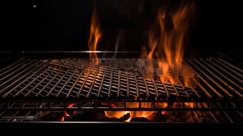 Barbecue Grill with Fire Flames - Empty Fire Grid on Black Background ...