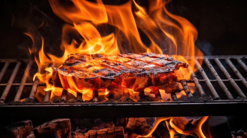 Barbecue Grill with Fire Flames. Meat on Fire Grid Stock Image - Image ...