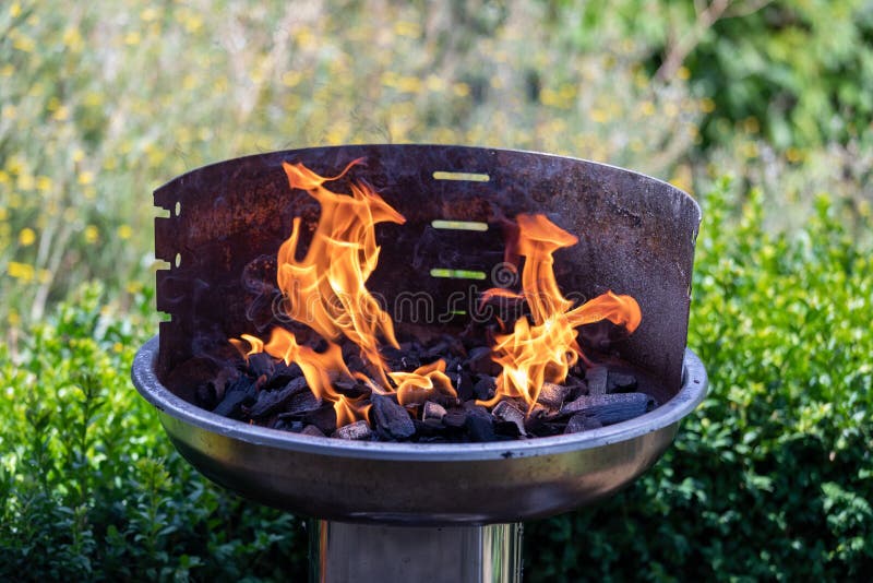 Barbecue Grill with Fire on Nature, Outdoor, Close Up Stock Photo ...