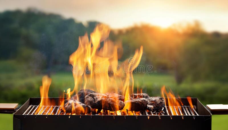 Barbecue Grill with Fire on Nature, Outdoor Close Up Generated by Ai ...