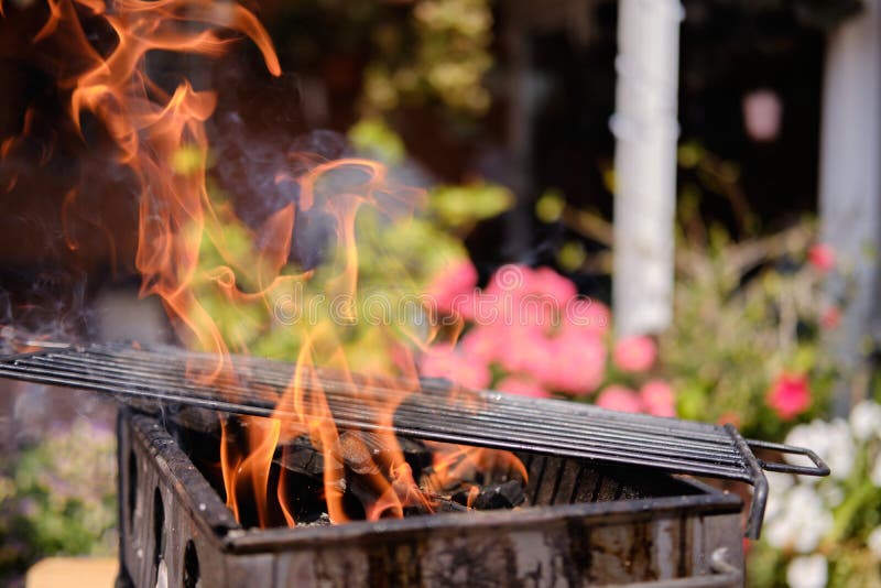 Barbecue Grill with Fire on Open Air. Detail of Fire Flames Stock Image ...