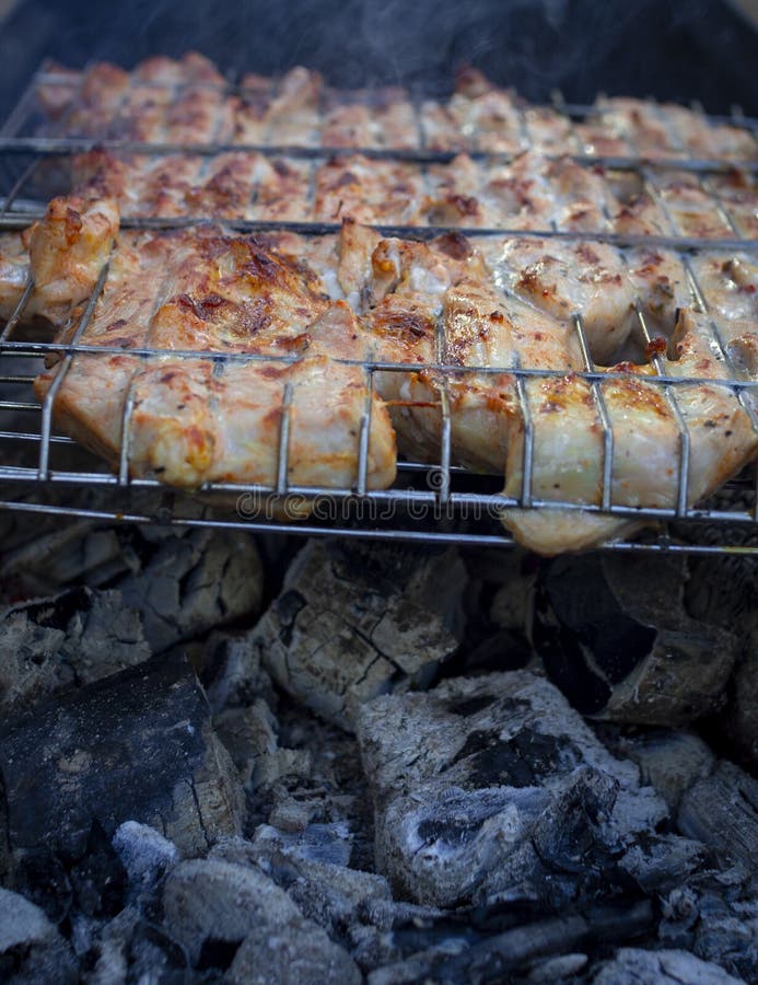 Barbecue on the Grill. Steaks are Cooked Over Glowing Coals. Stock ...