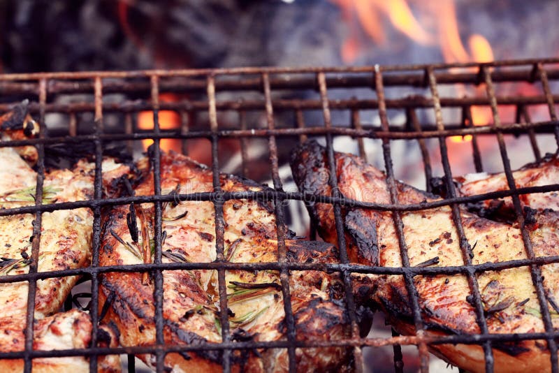 Barbecue meat on the coals stock image. Image of flames - 47342411