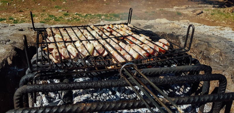 Barbecue Meat Cooking in the Forest Stock Image - Image of grill ...