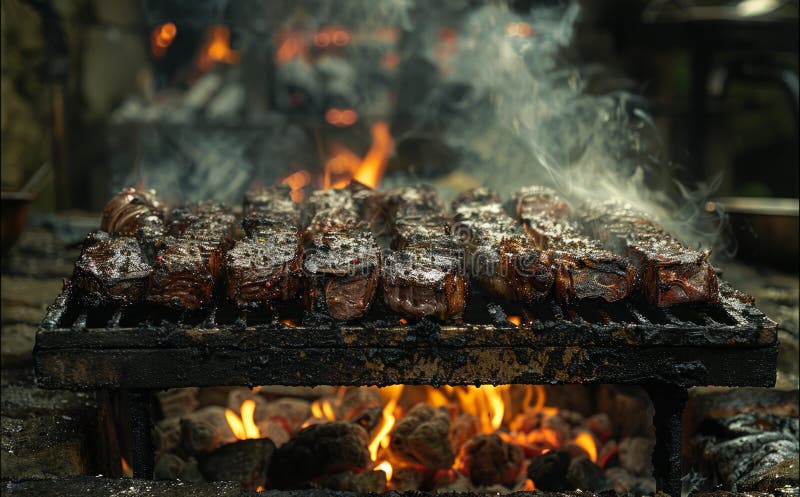Barbecue Meat and Fire on Grill Stock Image - Image of barbeque, pork ...