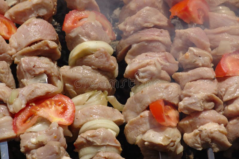 Barbecue meat on sticks stock photo. Image of porc, tomatoes - 5486000