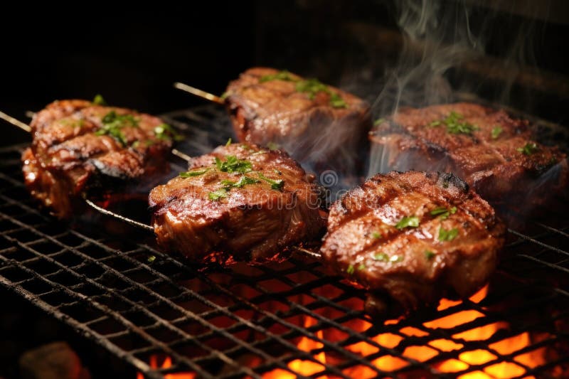 Barbecue Net Filled with Sizzling and Slightly Charred Lamb Chops Stock ...