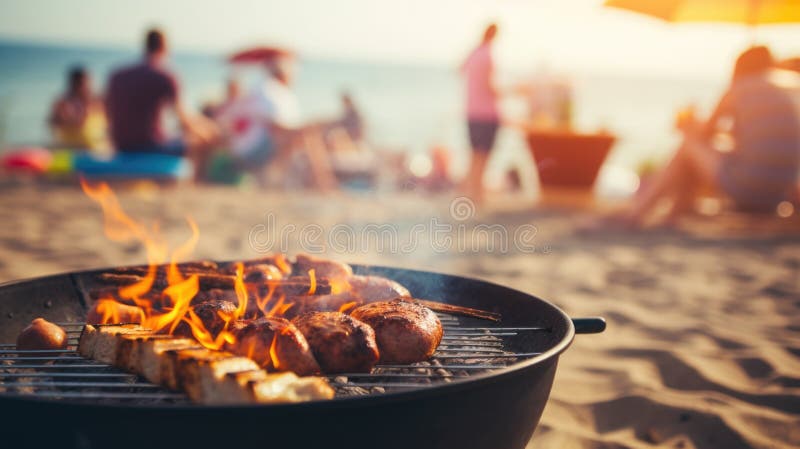 Barbecue Party with People in the Background, Grilled Meat Beach Party ...