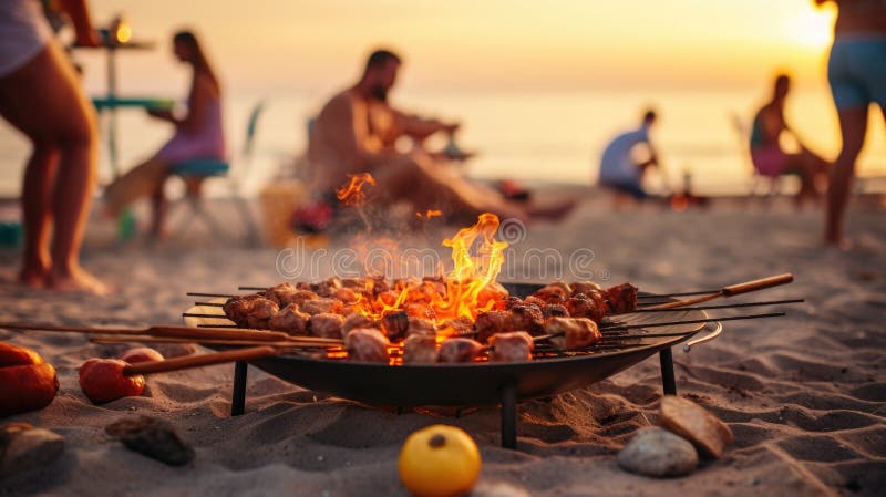 Barbecue Party with People in the Background, Grilled Meat Beach Party ...