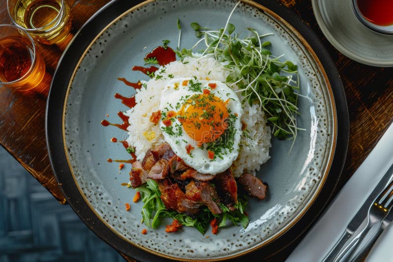 Barbecue Pork with Light Rice and Egg on a Plate Stock Illustration ...