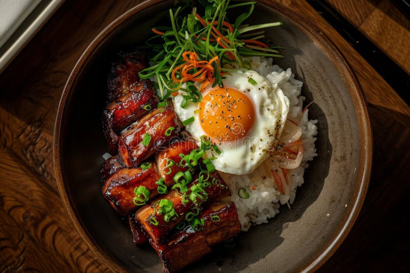 Barbecue Pork with Light Rice and Egg on a Plate Stock Illustration ...