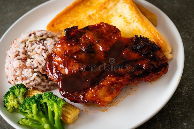 Barbecue Pork Steak with Rice Berry Stock Image - Image of baked ...