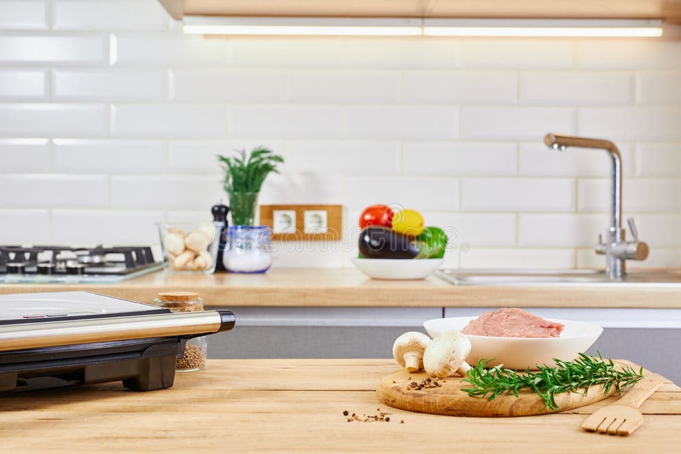 Barbecue Preparing in the Kitchen Interior. Electric Grill Barbecue and ...