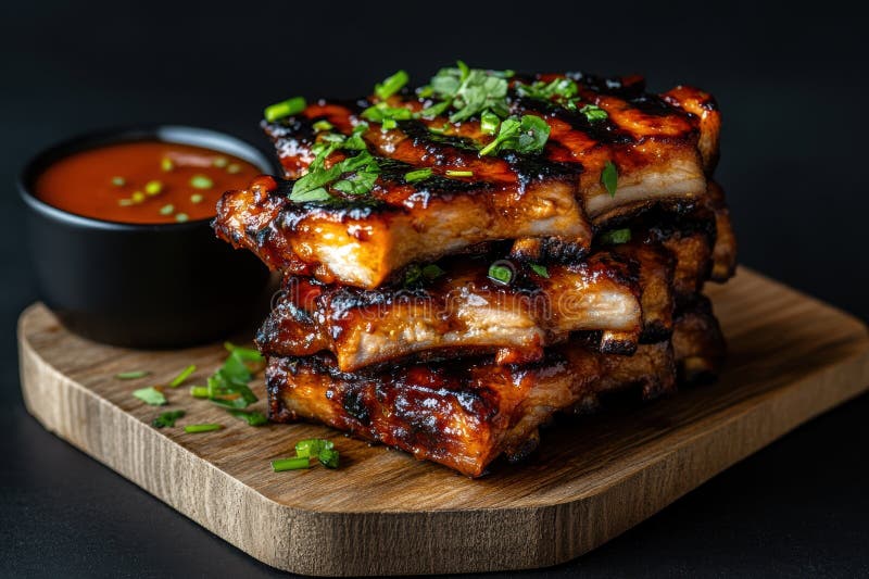 Barbecue Rib Presentation, Barbecue Ribs on a Wood Platter with Herbs ...