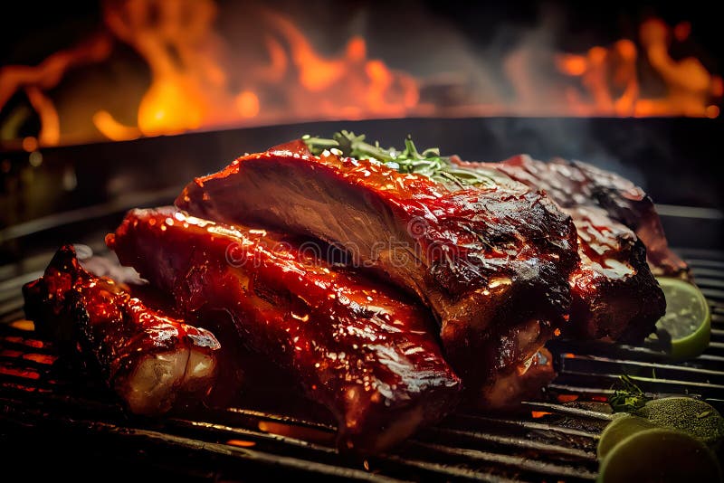 Barbecue Ribs on Grill Fire Bokeh Background - Generative AI Stock ...