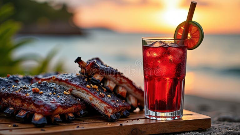 Barbecue Ribs and Refreshing Drink by the Beach at Sunset Stock Image ...