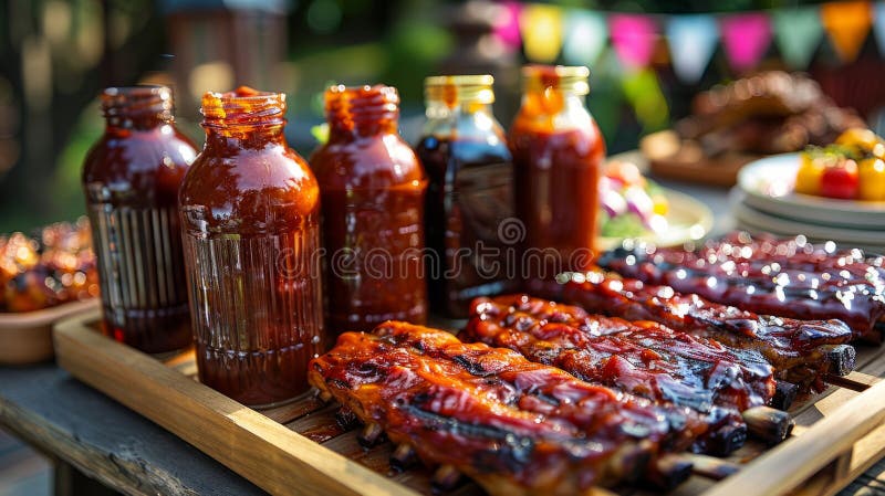Barbecue Ribs and Sauce Bottles on Table Stock Image - Image of ...