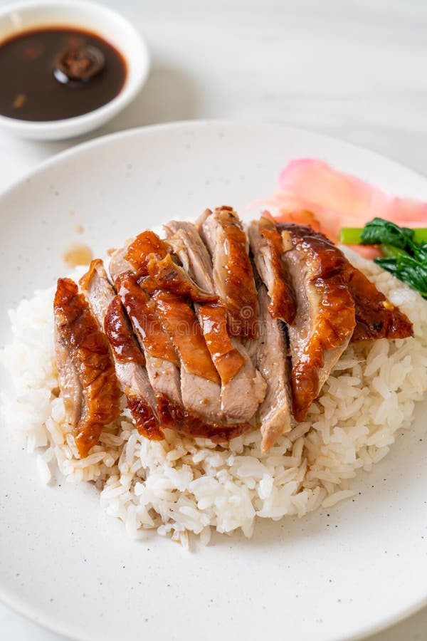 Roasted duck on rice stock photo. Image of healthy, broccoli - 218514206