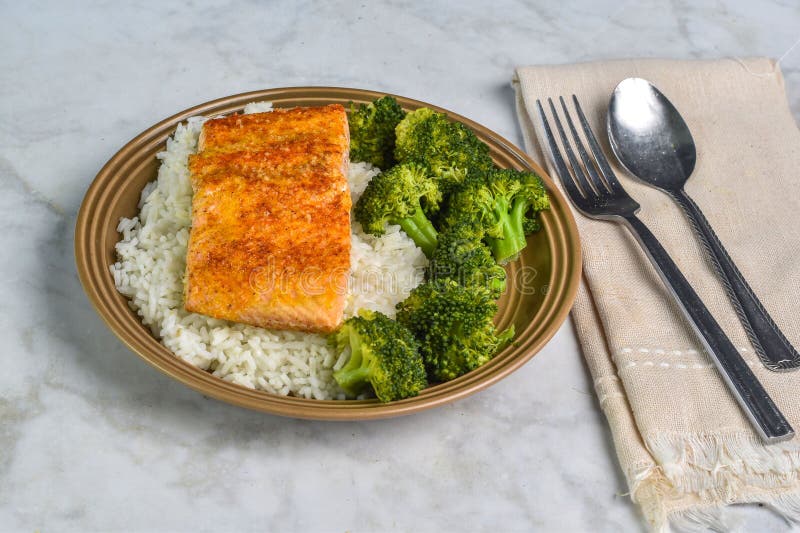 Barbecue Salmon with Rice and Broccoli Stock Image - Image of white ...