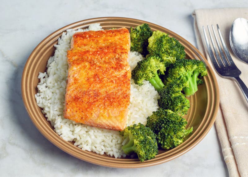 Barbecue Salmon with Rice and Broccoli Stock Photo - Image of cuisine ...