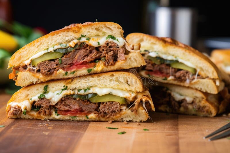 Barbecue Sandwich Cut in Half Revealing Meat, Cheese, and Veggies ...