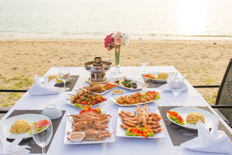 Barbecue Seafood for Dinner by the Sea Stock Photo - Image of table ...