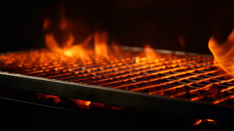Barbecue Spectacle, Empty Grill Illuminated by Vibrant Flames, a ...