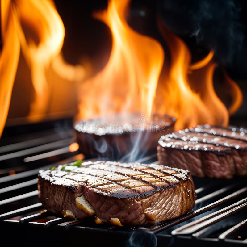 Barbecue - Steaks are Grilled on Fire Stock Image - Image of food ...